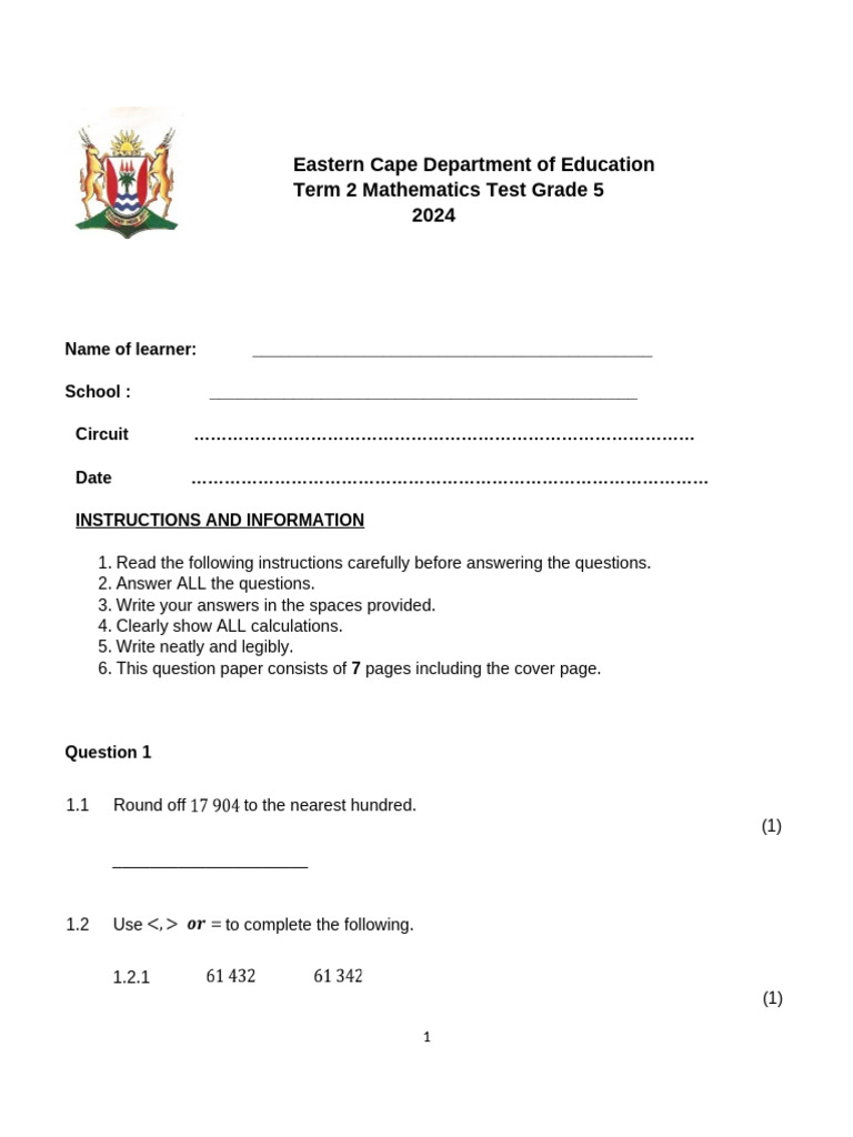 GR5 Maths Test Term 2 2024 | PDF | Mathematics