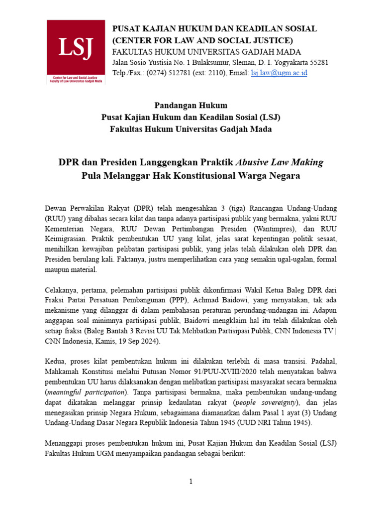 Pandangan LSJ Atas Praktik Pembentukan UU Yang Abusive Dan Nir Partisipasi 1 | PDF