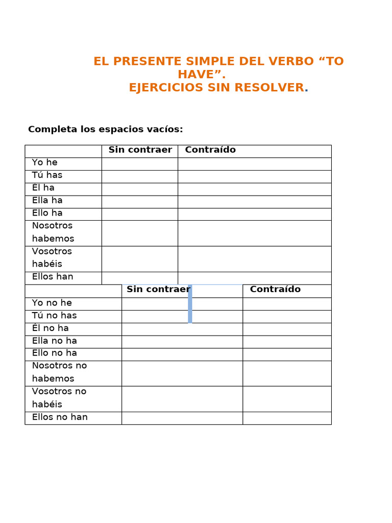 Ejercicios Presente Simple "To Have" | PDF