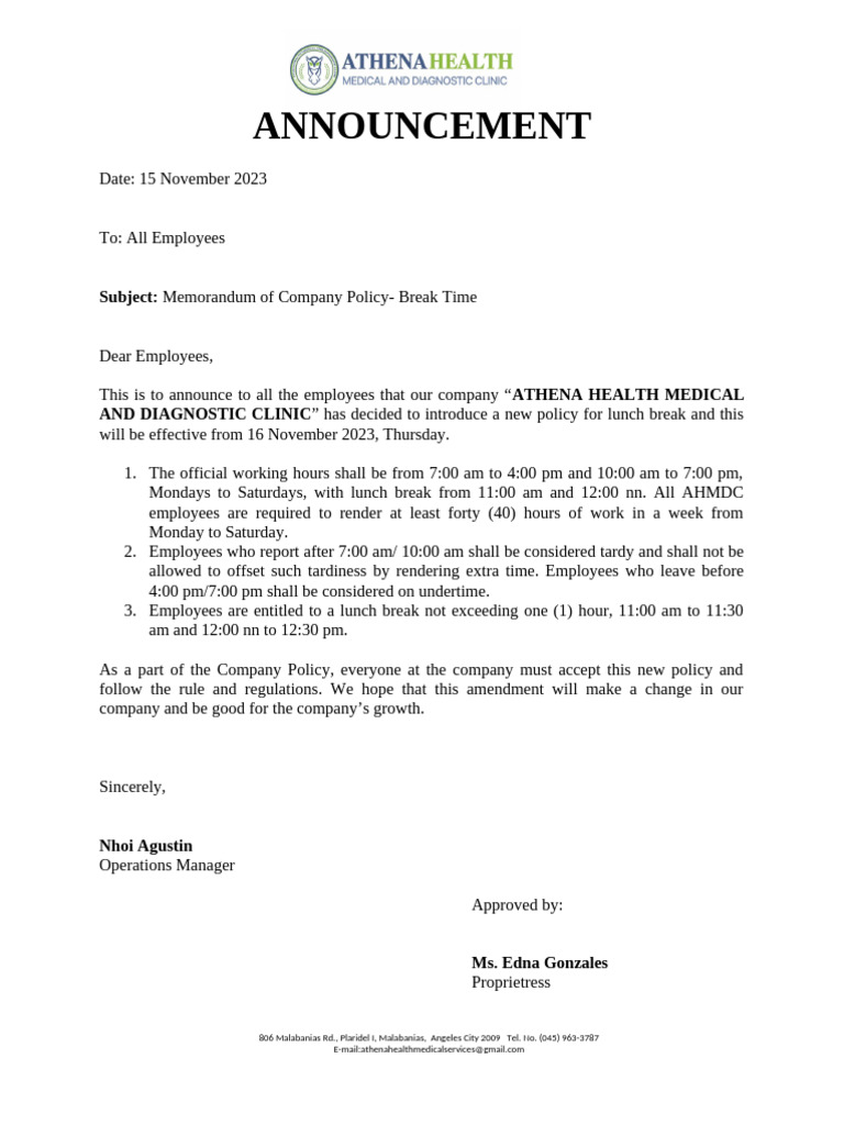 New Break Time Policy Announcement | PDF | Business Ethics | Working ...