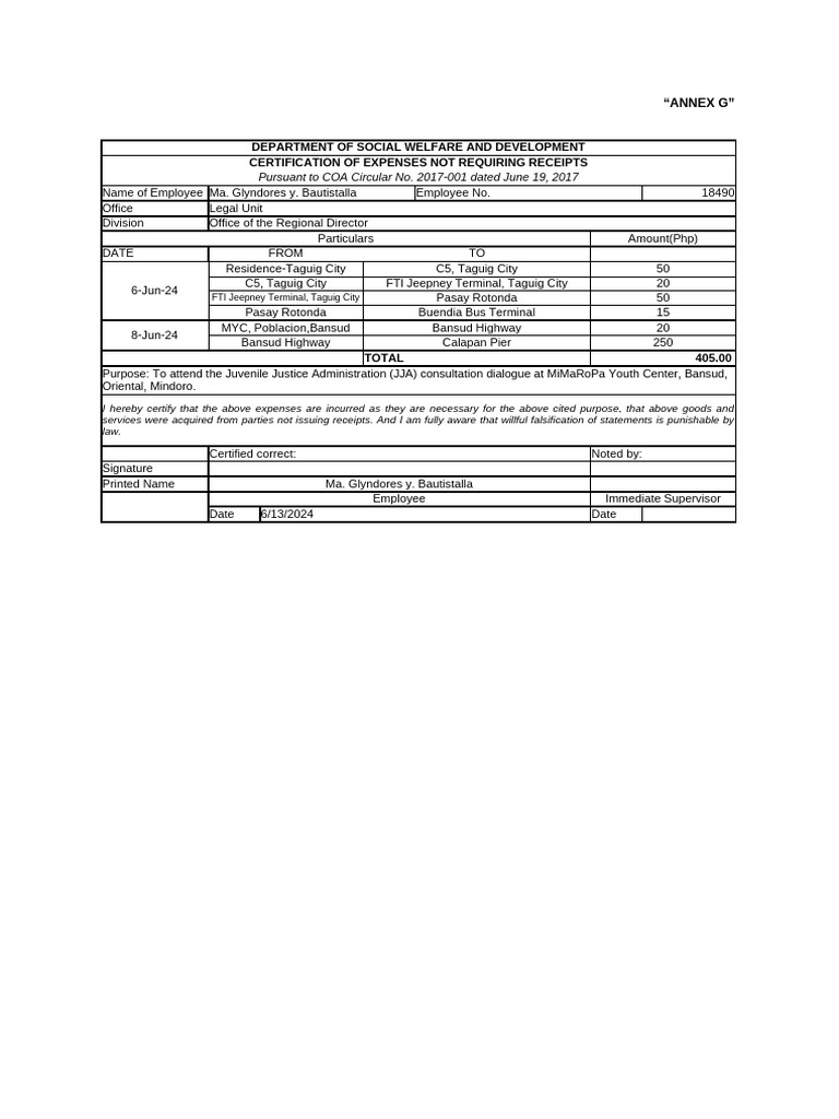 7 ANNEX G - Certification of Expenses Not Requiring Official Receipt | PDF