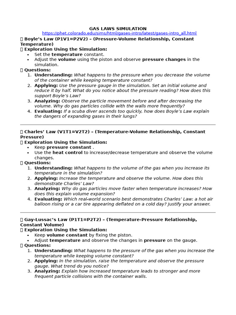 Phet Simulation Questions LAWS | PDF | Gases | Pressure