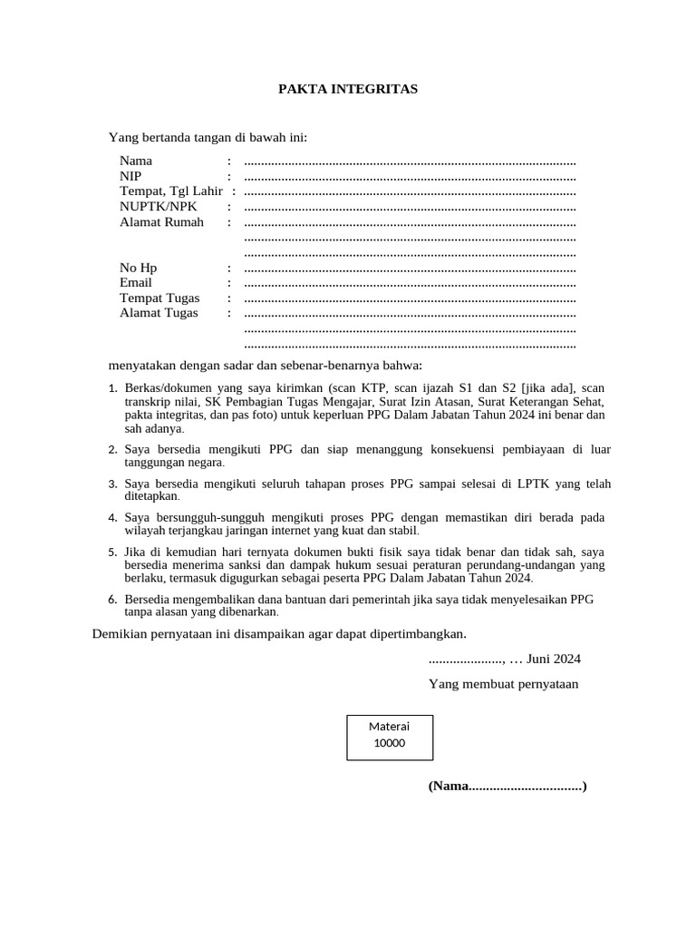 Contoh Format Pakta Integritas | PDF