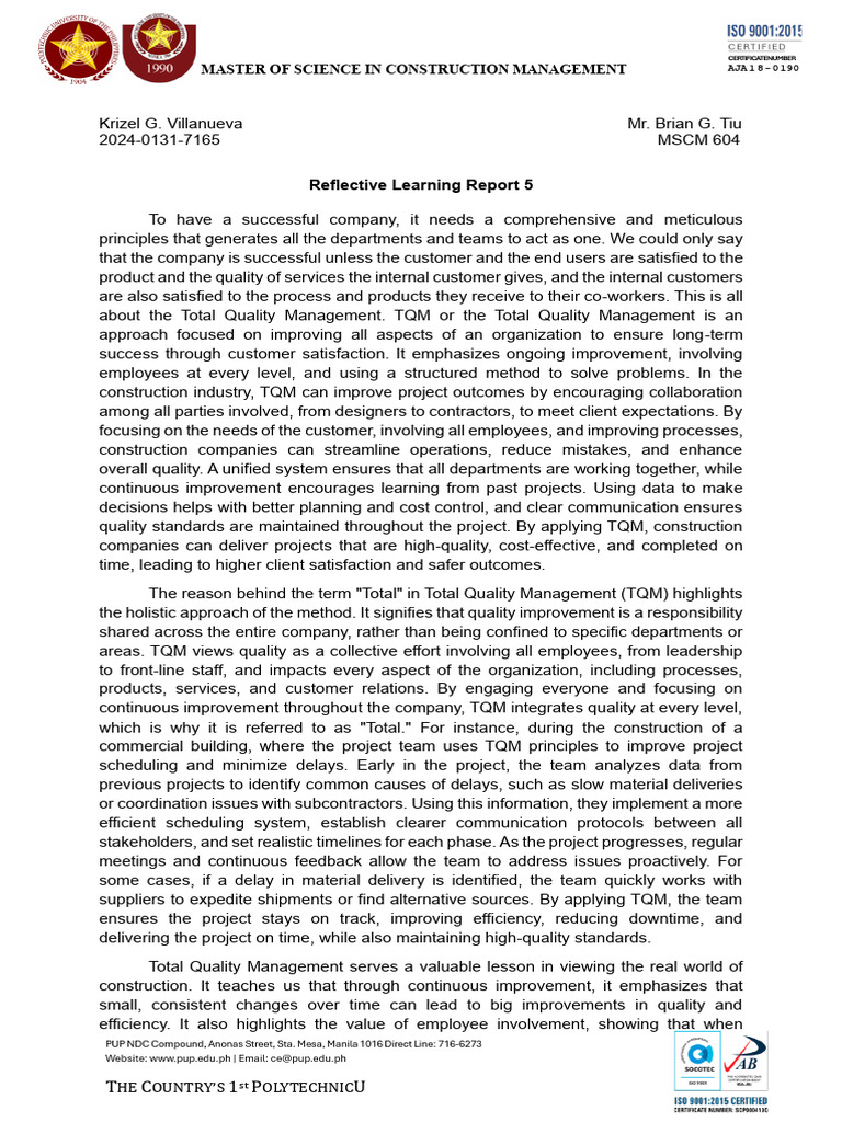 Reflective Learning Report 5 - Villanueva, Krizel | PDF | Quality ...