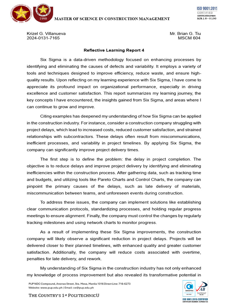 Reflective Learning Report 4 - Villanueva, Krizel | PDF | Six Sigma ...