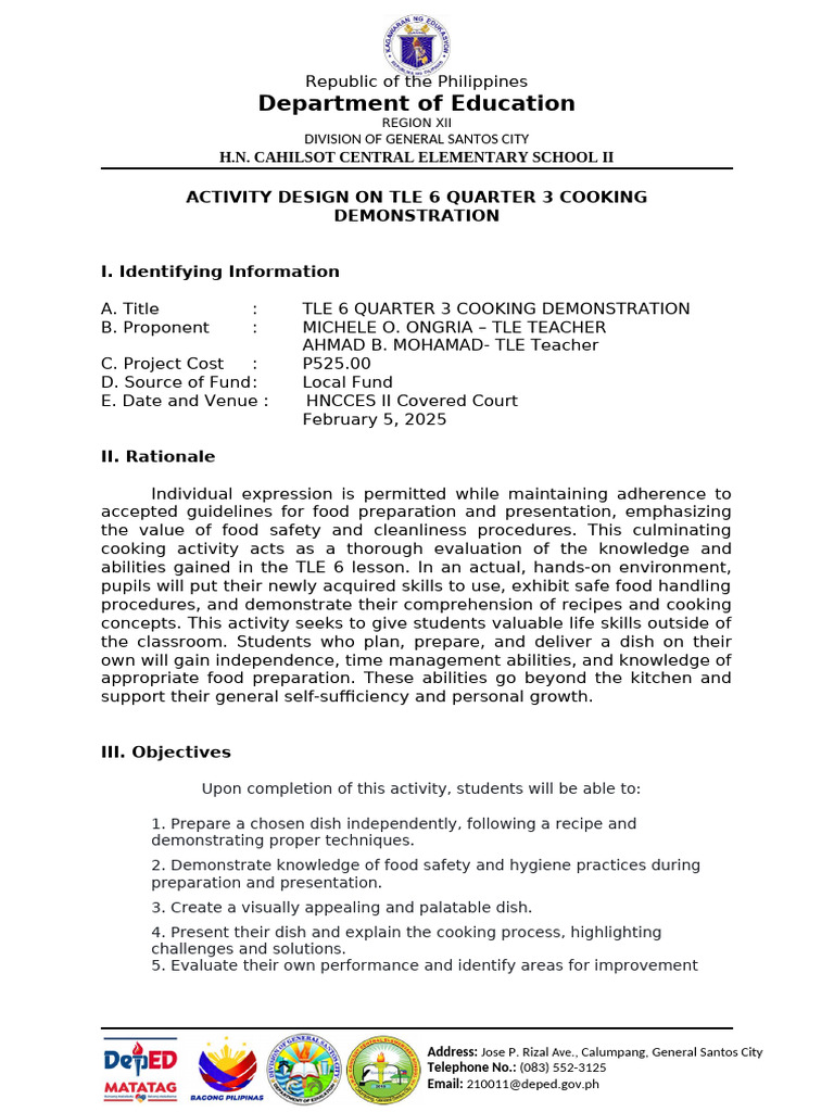 Activity Design On TLE Cooking Demo | PDF | Cognition | Learning