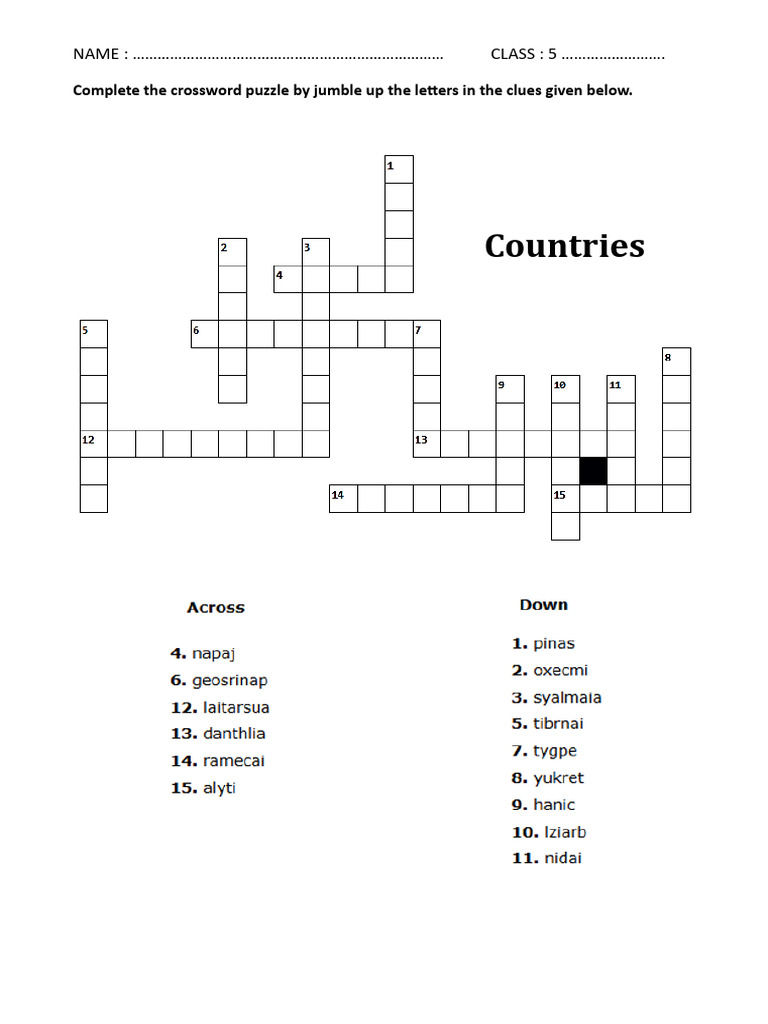 Crossword Puzzle Year 5 - 1st Week | PDF