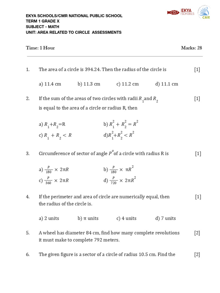 Areas Related To Circles Practise Assessment | PDF | Analytic Geometry ...