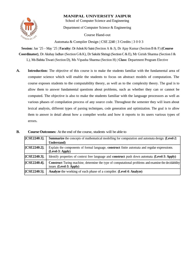 Cse2240 Acd Course Handout Jan-May 2024 | PDF | Engineering | Formalism (Deductive)