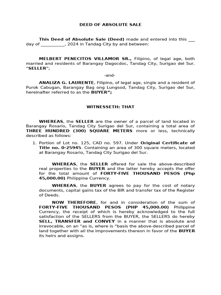 Deed of Absolute Sale in Tandag City | PDF | Civil Law (Common Law ...