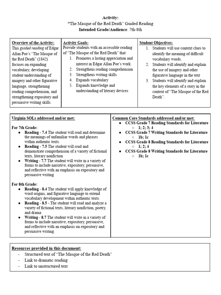 The Masque of The Red Death Guided Reading | PDF