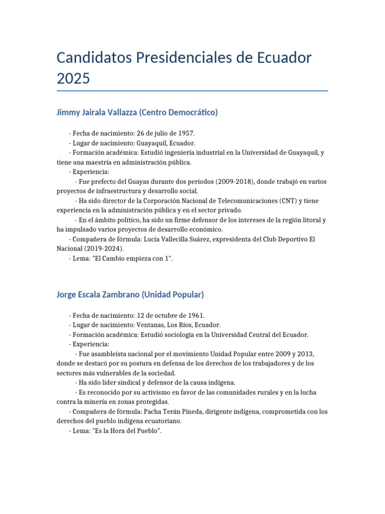 Candidatos_Presidenciales_Ecuador_2025_Actualizado | PDF | Ecuador