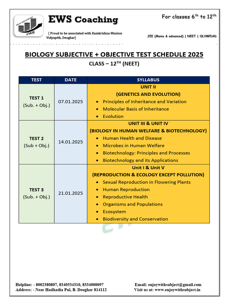 Biology Subjective +objective Test Schedule 2025 | PDF