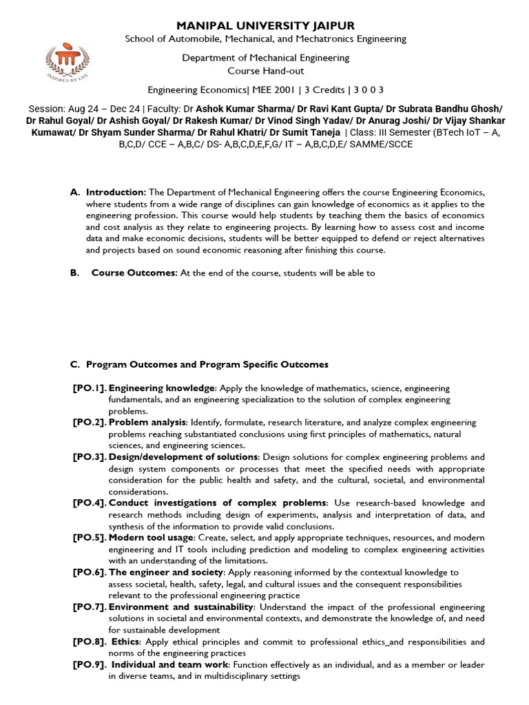 MEE2001 - Engineering - Economics - Course - Handout | PDF | Net Present Value | Internal Rate ...