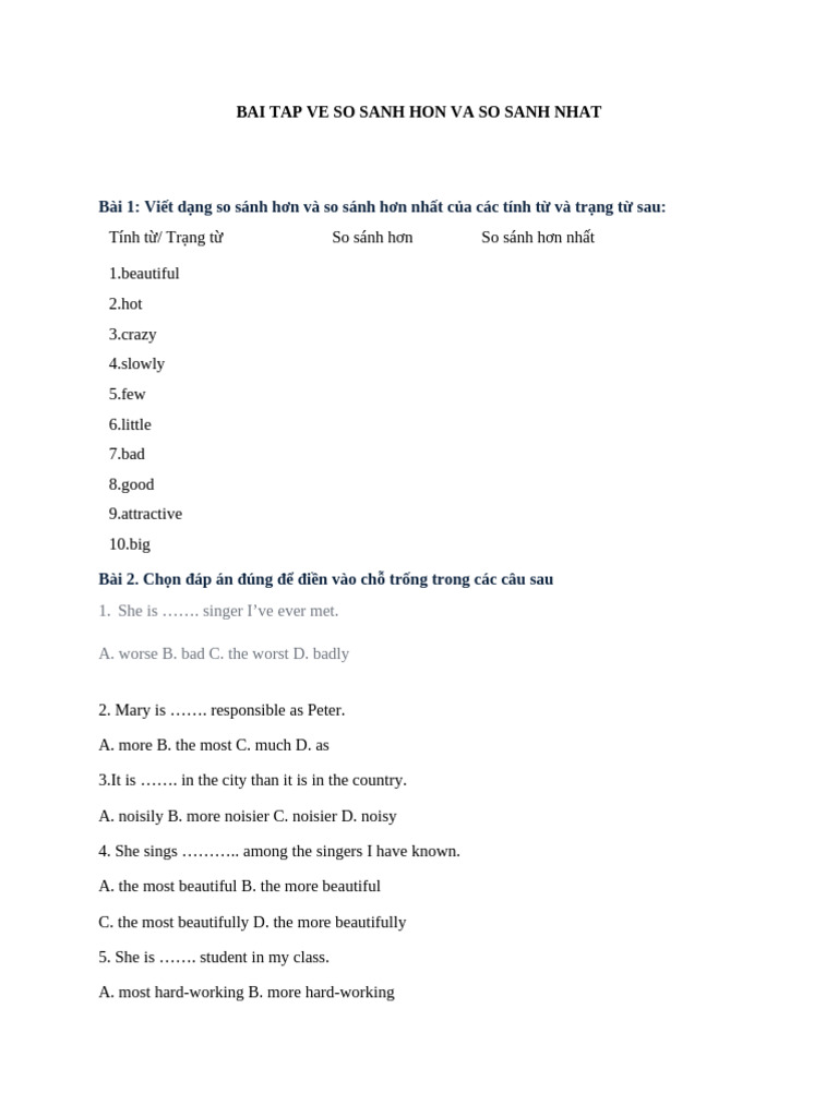 Bai Tap Ve So Sanh Hon Va So Sanh Nhat | PDF