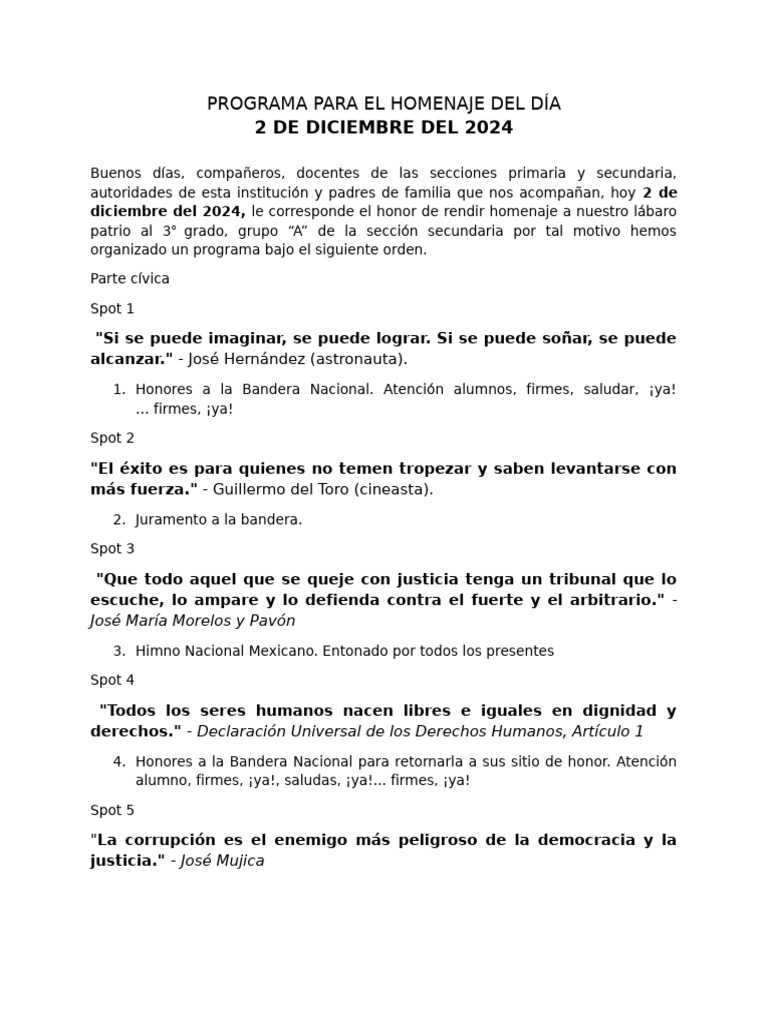 PROGRAMA PARA EL HOMENAJE DEL DÍA 2 DE DICIEMBRE DEL 2024 (1) | PDF | Invalidez | Naciones Unidas