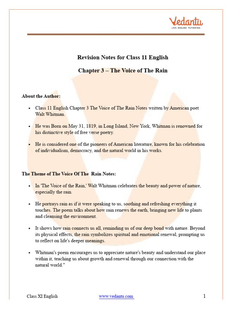 CBSE Class 11 English (Hornbill) Chapter 3 Voice of the Rain Notes ...