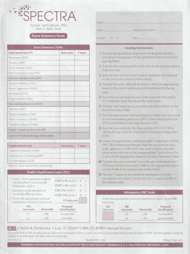 SPECTRA (Score Summary Form) | PDF
