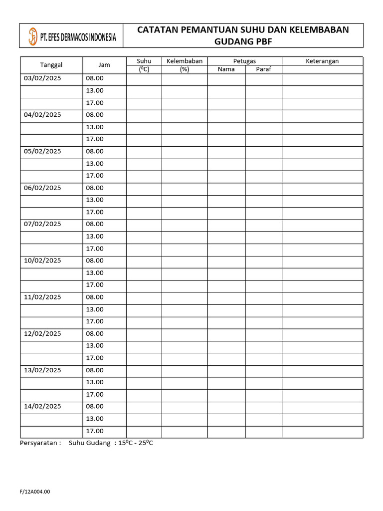 F.12a004.00 Catatan Pemantauan Suhu Dan Kelembaban PBF | PDF