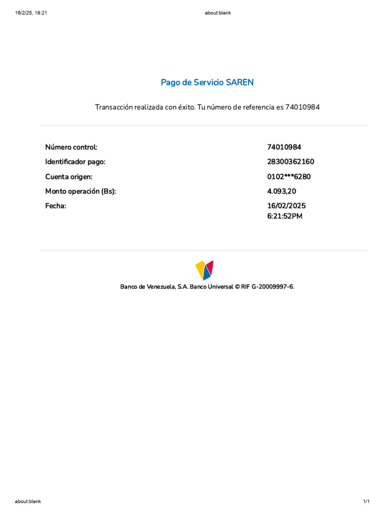 Pago SAREN Banco de Venezuela Confirmado | PDF