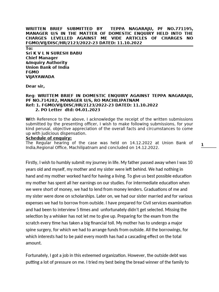 Domestic Enquiry Brief: Teppa Nagaraju | PDF | Interest | Money