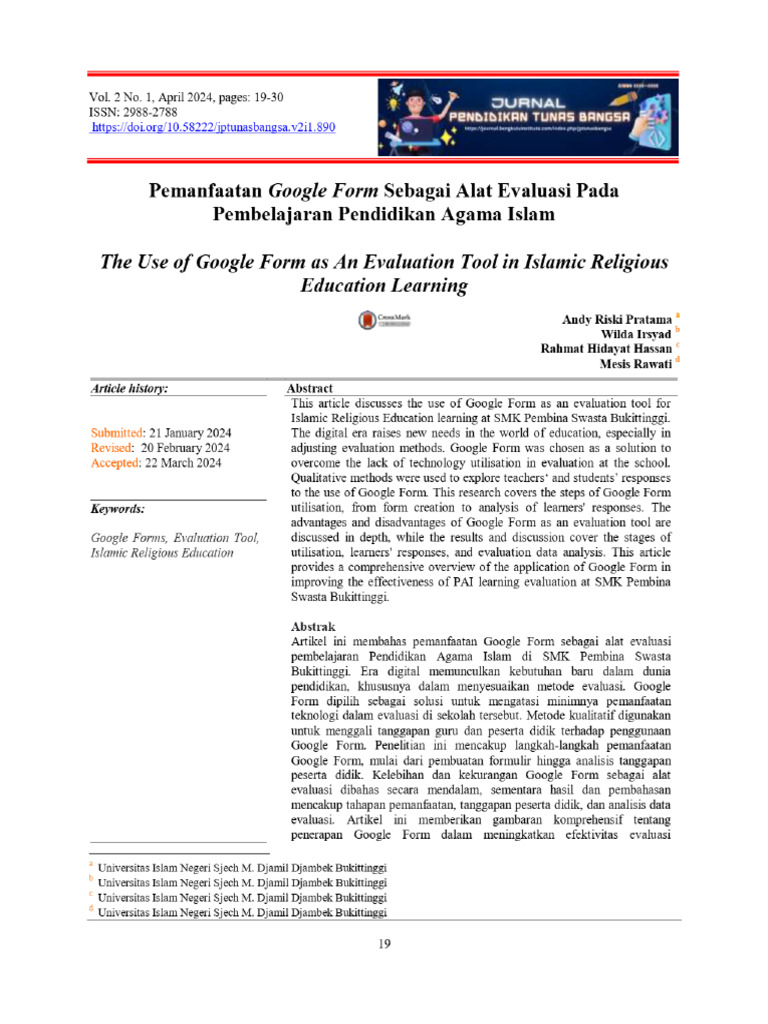 View of Pemanfaatan Google Form Sebagai Alat Evaluasi Pada Pembelajaran Pendidikan Agama Islam | PDF