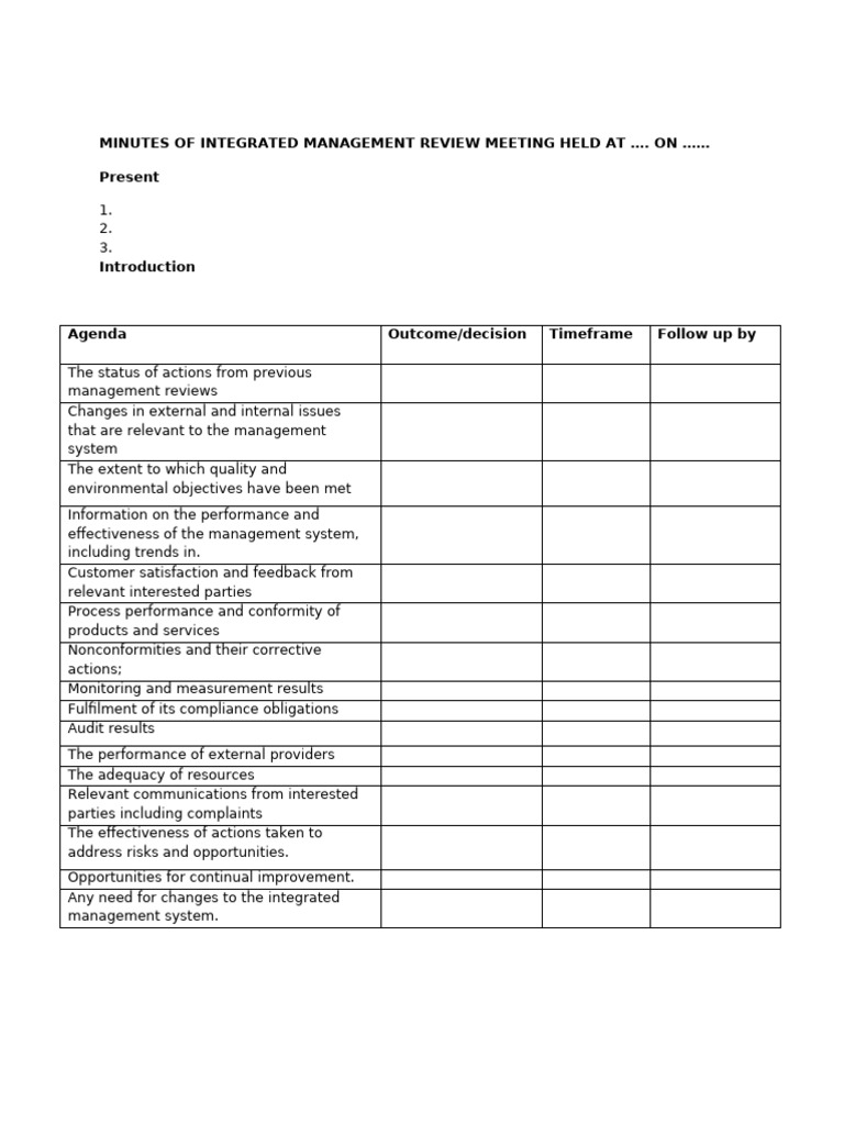 Integrated Management Review Minutes | PDF
