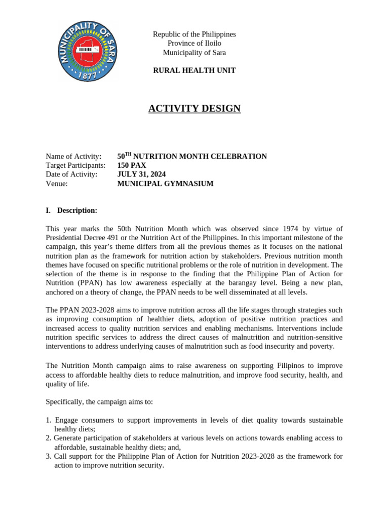 Activity Design - Nutrition Month | PDF | Healthy Diet | Food Security