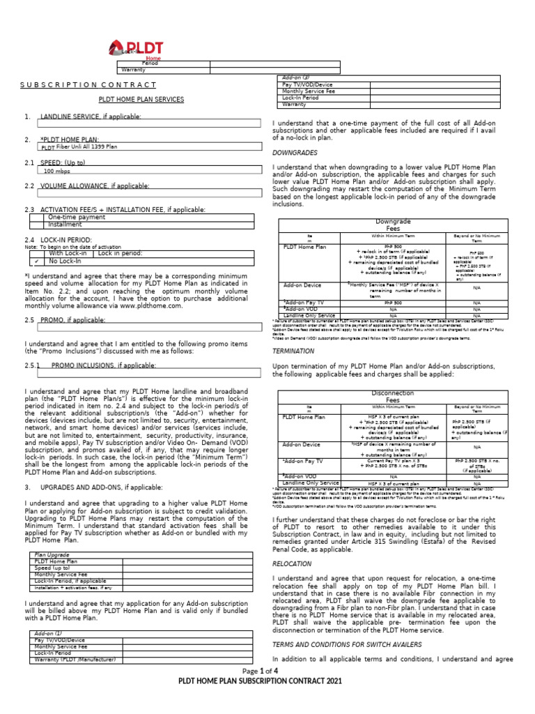 PLDT Home Plan Subscription Contract 2021 | PDF | Subscription Business ...