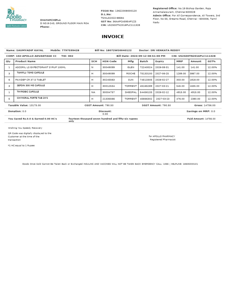 Apollo Medicine Invoice | PDF | Economy Of India | Taxation