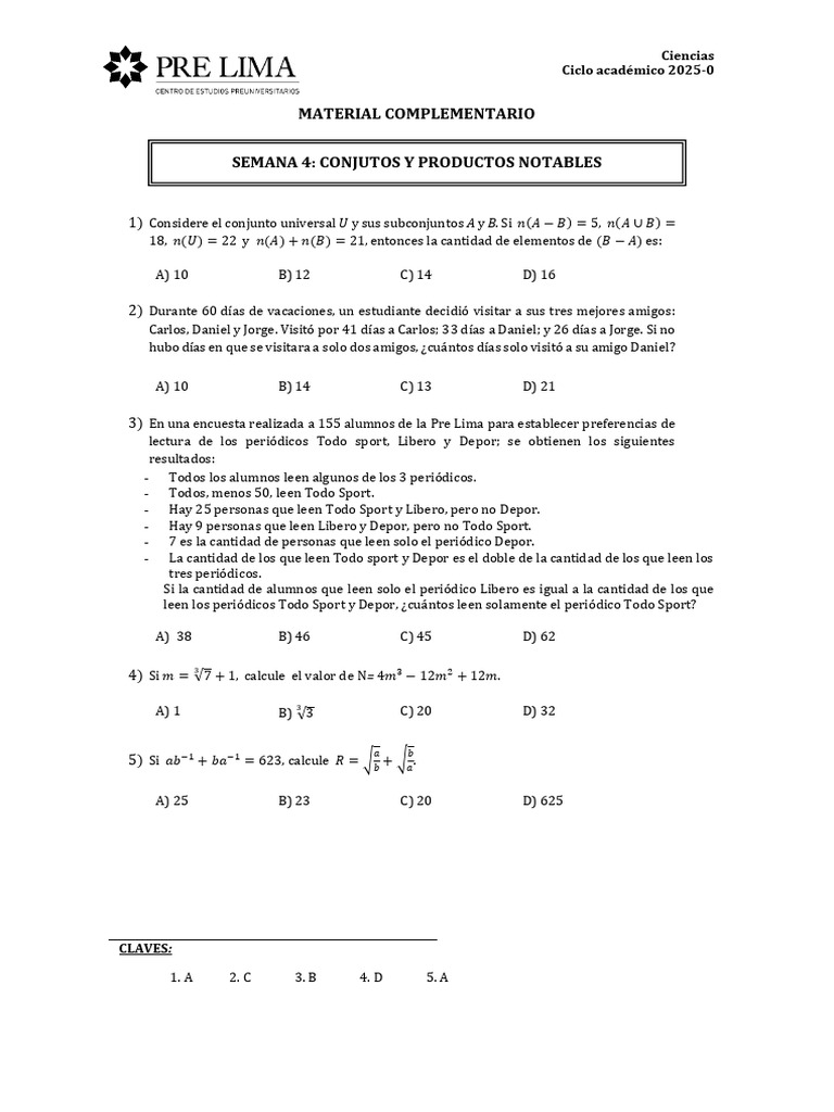 MATERIAL COMPLEMENTARIO - Conjuntos y Productos Notables | PDF