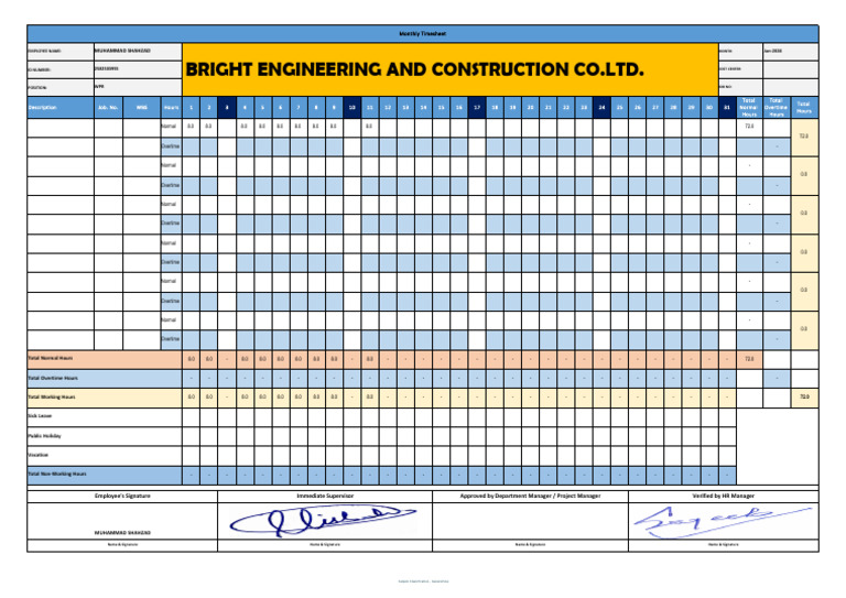 Muhammad Shahzad - Jan-25 (Stand by Timesheet) | PDF | Overtime ...
