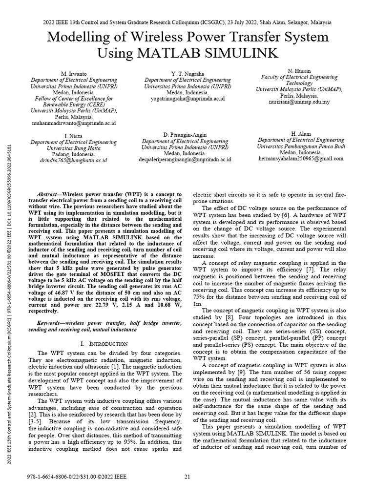 Modelling of Wireless Power Transfer System Using MATLAB SIMULINK | PDF | Inductor | Power Inverter