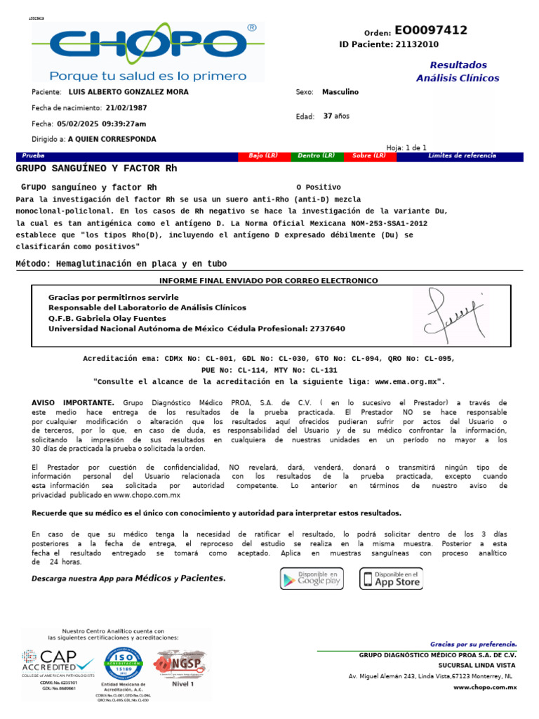 Factor RH Chopo | PDF | Tipo de sangre | Especialidades Medicas
