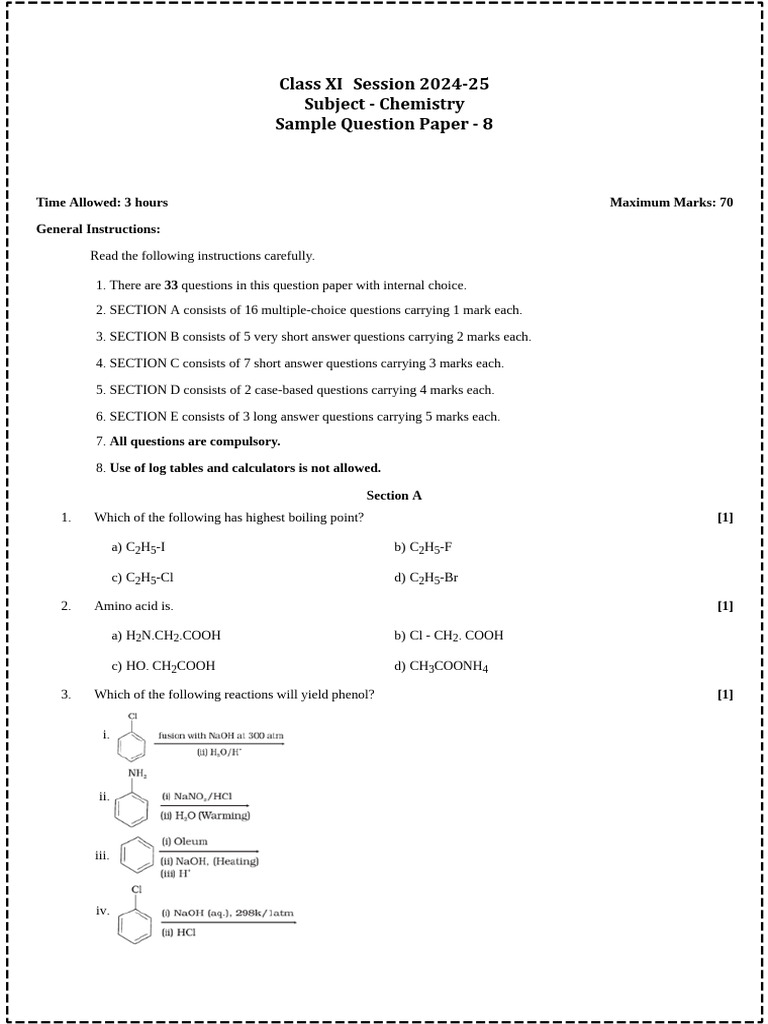 Class XII Chemistry Sample Paper | PDF | Physical Chemistry | Chemical Compounds