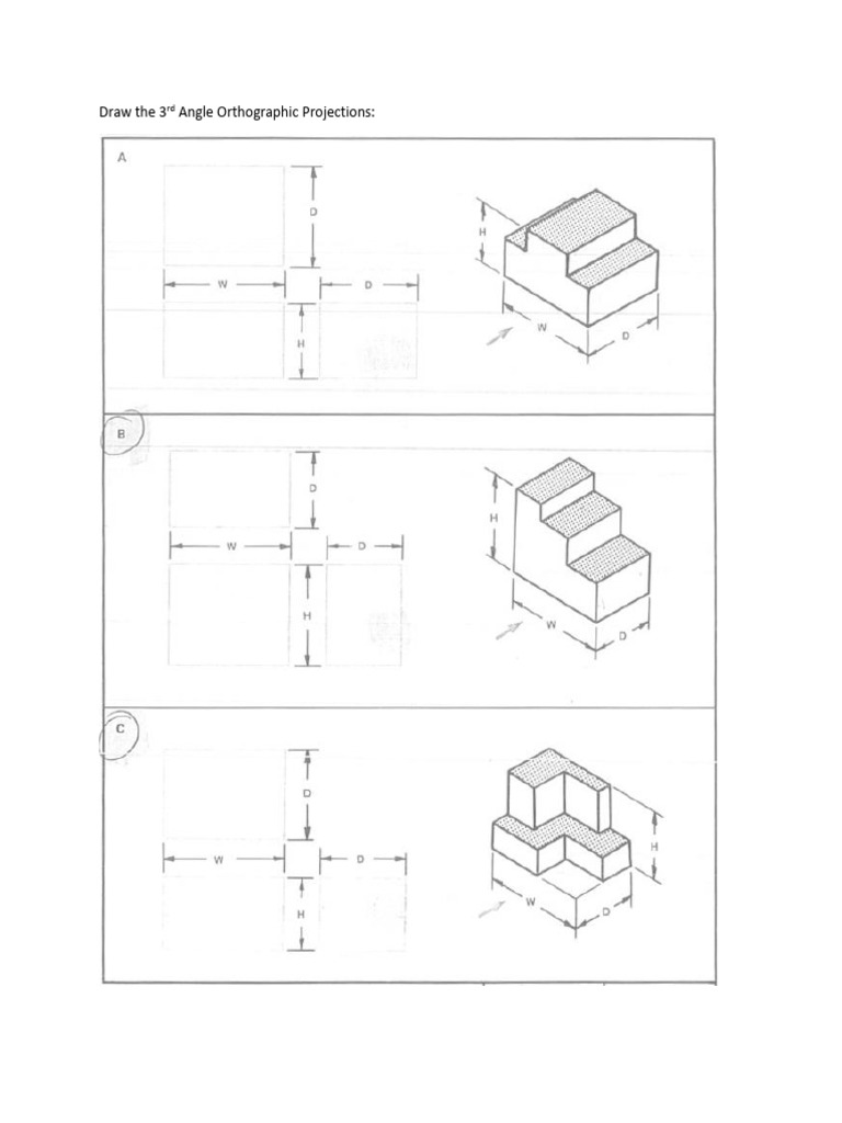 3rd Angle Orthographic Projections Assignment (1) | PDF