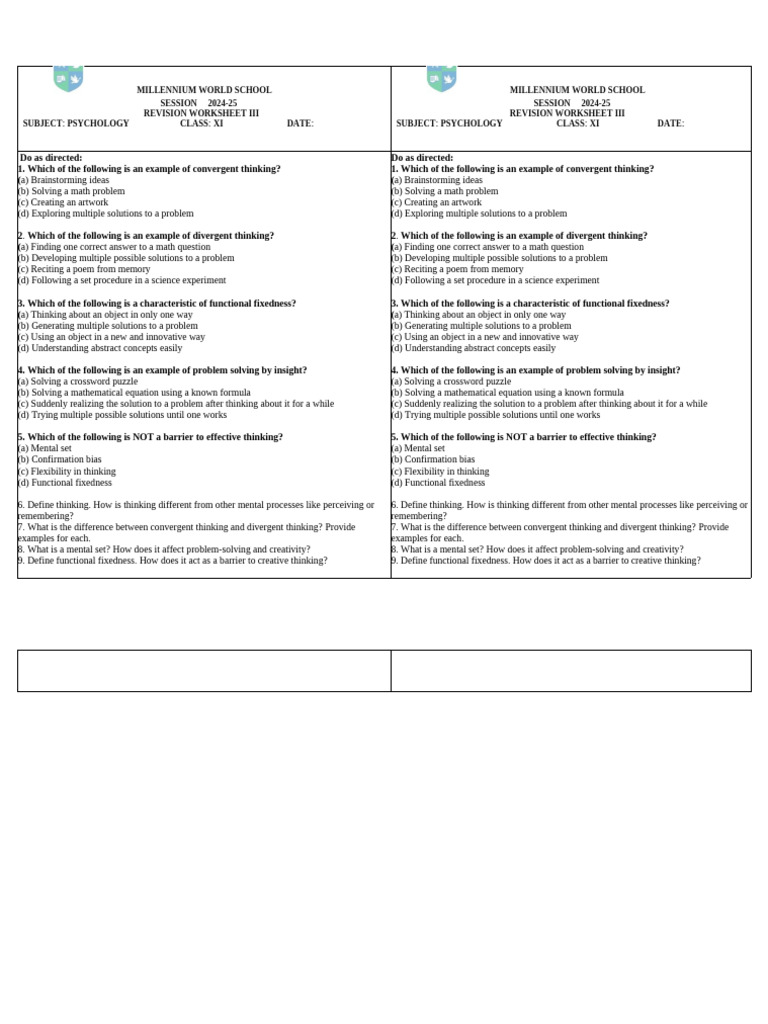 Psychology worksheet | PDF | Thought | Psychological Concepts