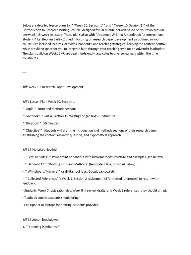 Week 10 Research Writing Lesson Plans | PDF | Lesson Plan | Lecture