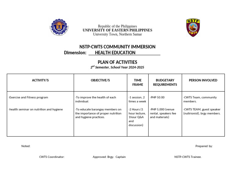 NSTP Cwts Plan of Activities | PDF