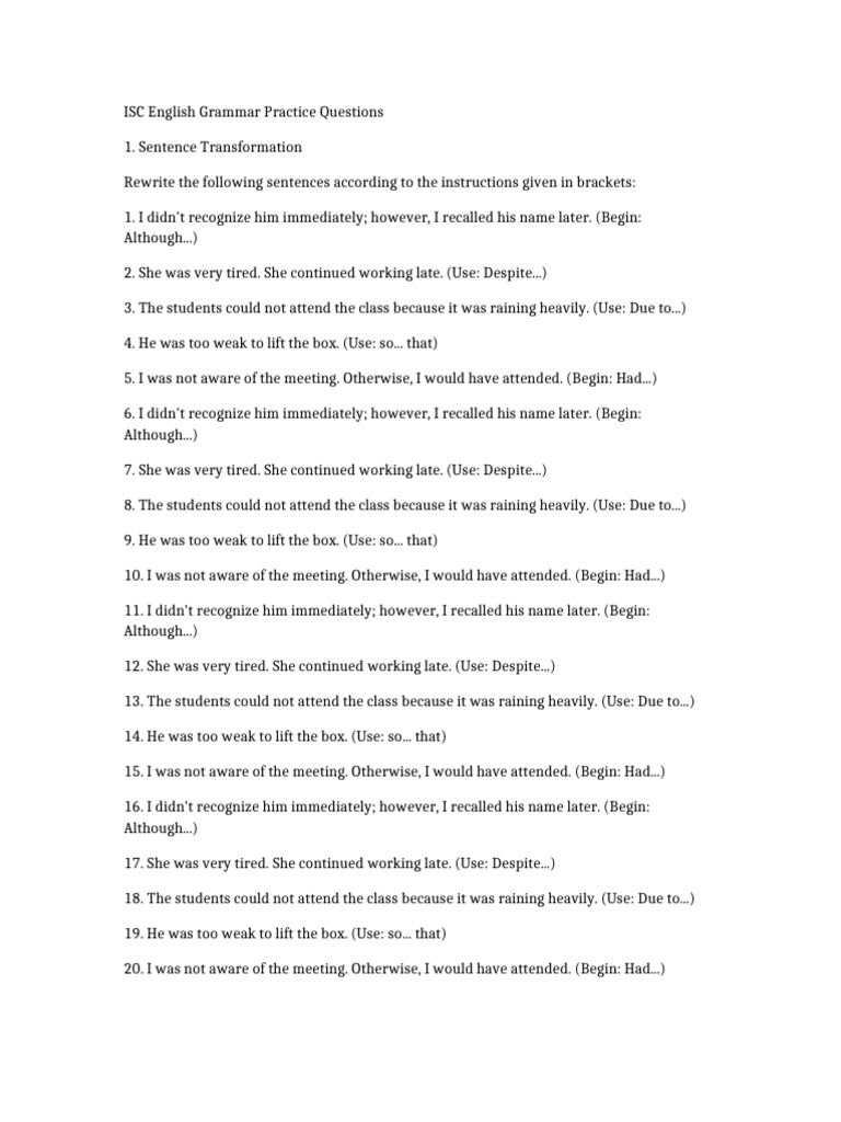 ISC English Grammar Practice Exercises | PDF | Linguistics | Grammar