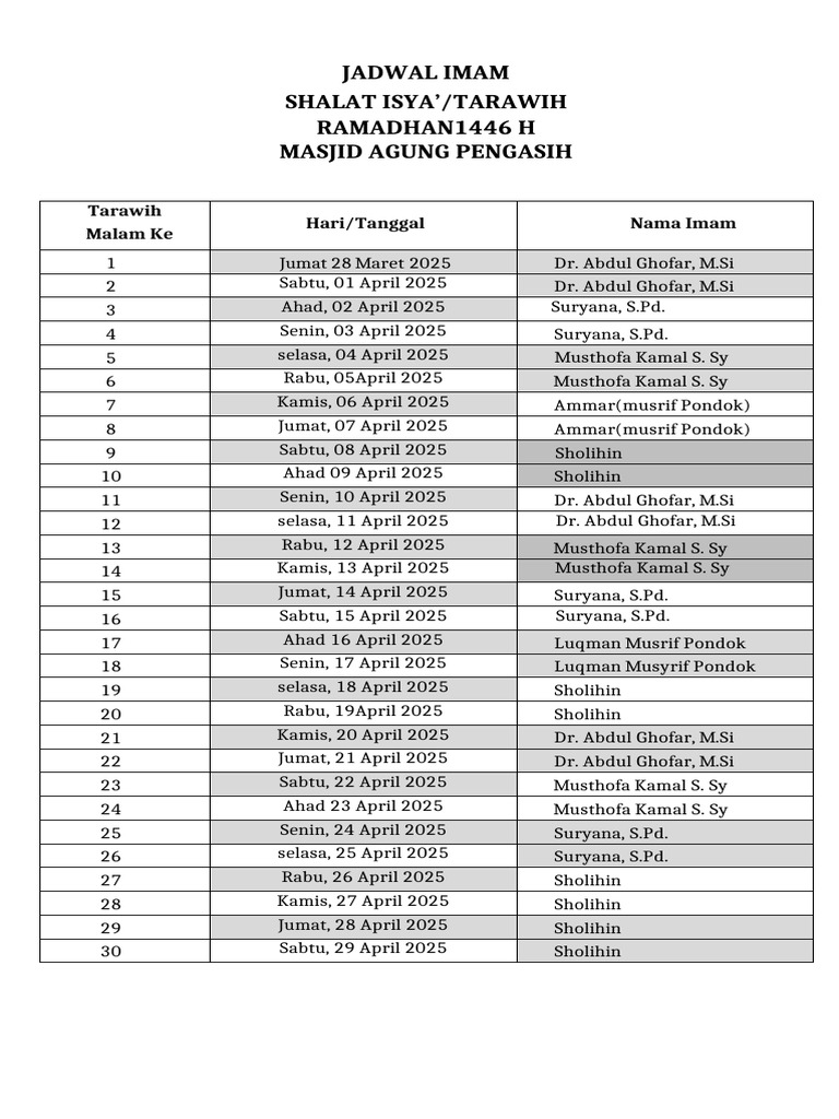 Jadwal Imam Tarawih 1446 H | PDF