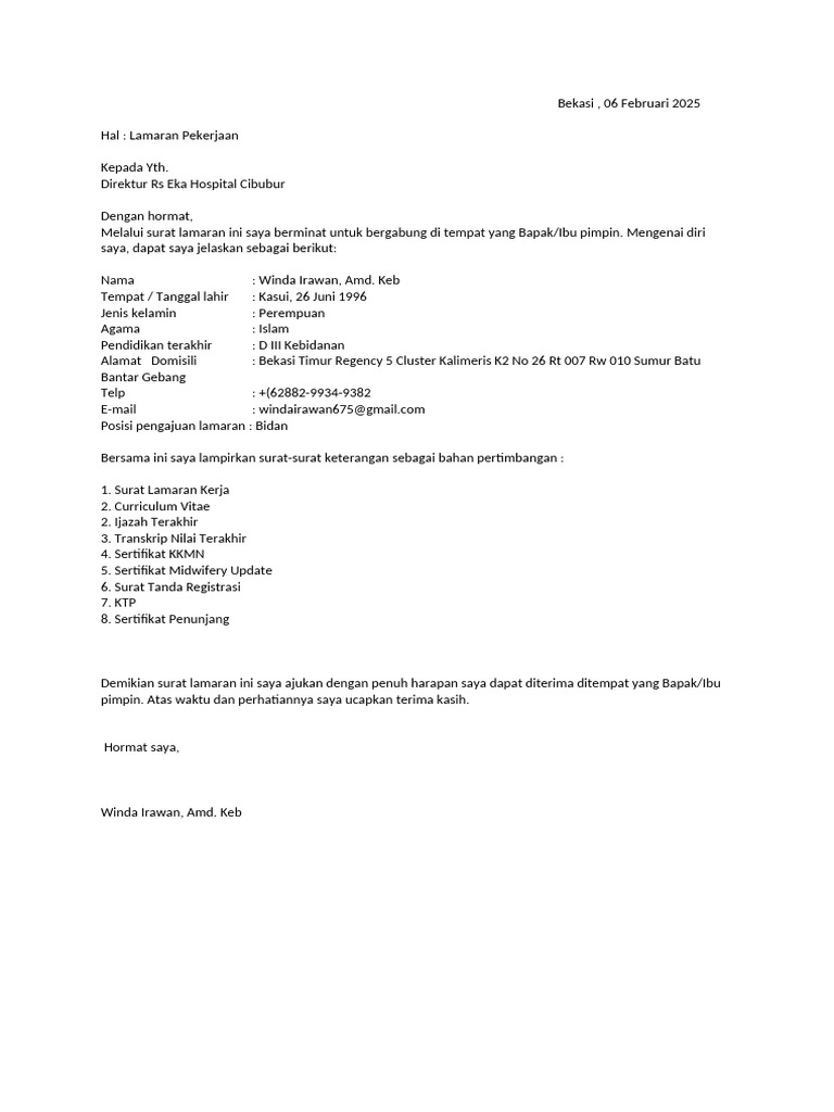 Surat Lamaran Winda | PDF
