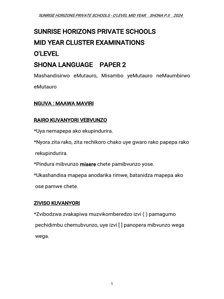 Shona P.ii O'level Mid Year 2024 | PDF