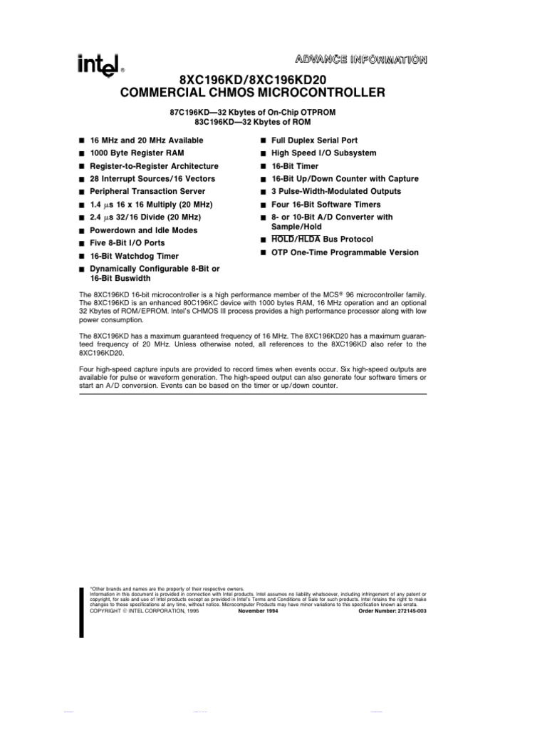 N87C196KD20 PLCC Microcontroller datasheet | PDF | Analog To Digital ...