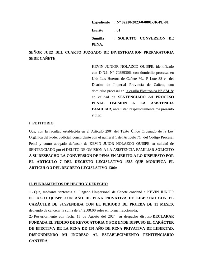 Solicitud de Conversión de Pena 1585 | PDF | Pensión alimenticia | Castigos