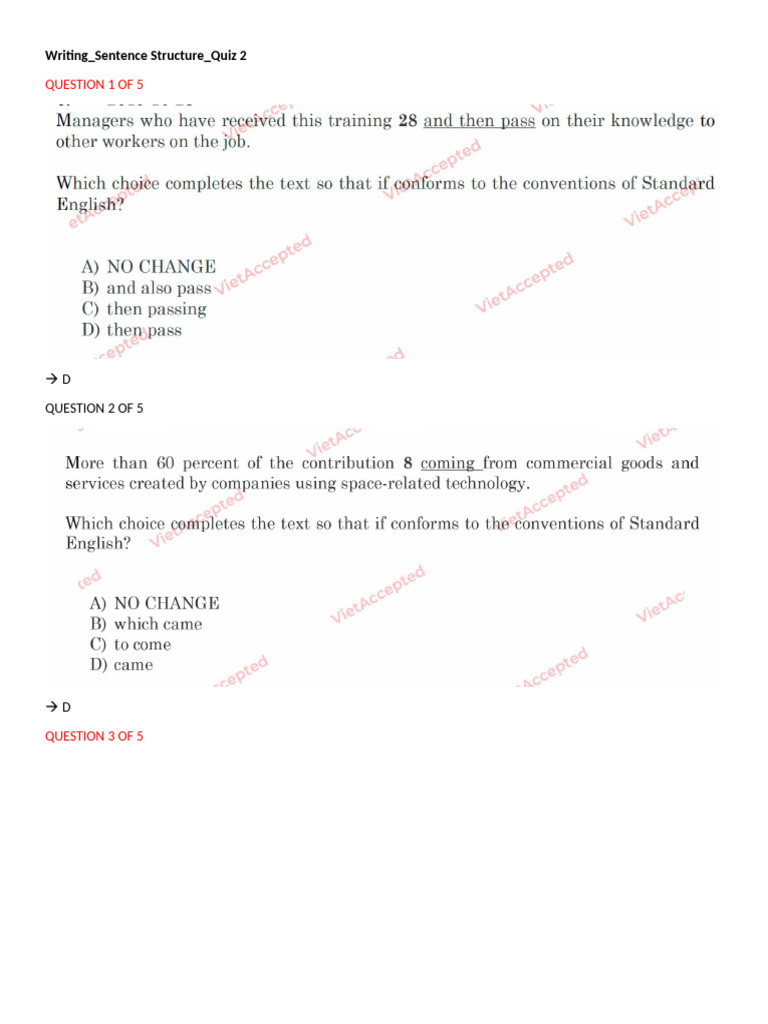 Sentence Structure Quiz Answers | PDF