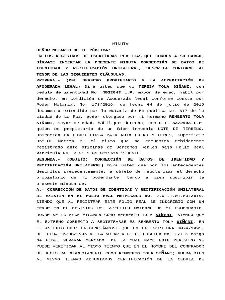 MINUTA aclara SIÑANI CASTRO | PDF | Derecho Civil (Common Law)