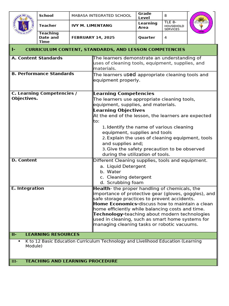 TLE 8 Q4 LP 5 | PDF | Housekeeping | Learning