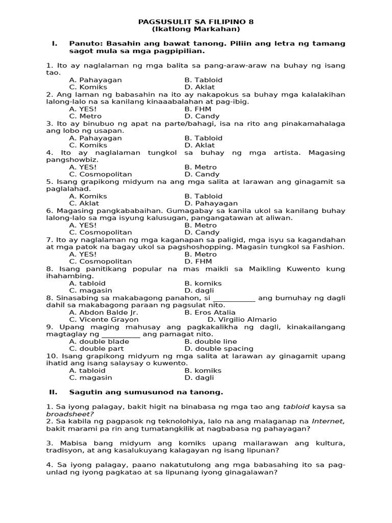 Pagsusulit Panitikang Popular | PDF