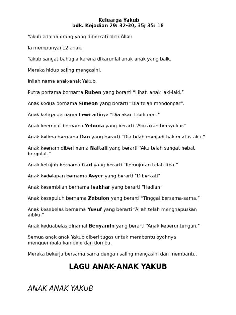 Nama-nama 12 Anak Yakub dalam Alkitab | PDF